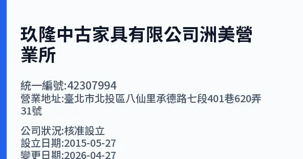 玖隆中古家具有限公司洲美營業所的照片-統編 42307994(臺北市) 公司登記資料與營業項目詳細圖表