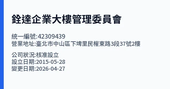 銓達企業大樓管理委員會的照片-統編 42309439(臺北市) 公司登記資料與營業項目詳細圖表