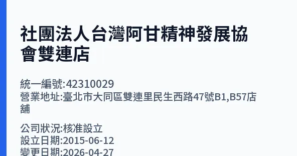 社團法人台灣阿甘精神發展協會雙連店的照片-統編 42310029(臺北市) 公司登記資料與營業項目詳細圖表
