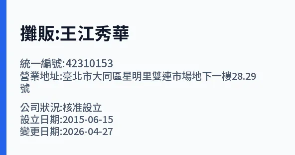 攤販:王江秀華的照片-統編 42310153(臺北市) 公司登記資料與營業項目詳細圖表