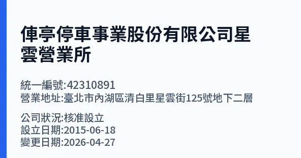 俥亭停車事業股份有限公司星雲營業所的照片-統編 42310891(臺北市) 公司登記資料與營業項目詳細圖表