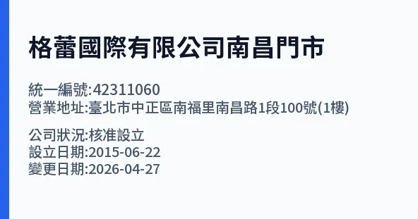格蕾國際有限公司南昌門市的照片-統編 42311060(臺北市) 公司登記資料與營業項目詳細圖表