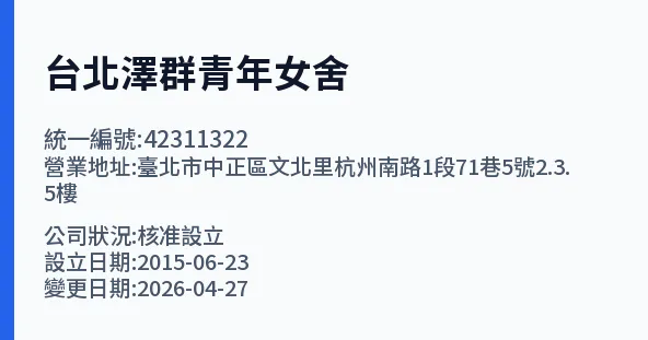 台北澤群青年女舍的照片-統編 42311322(臺北市) 公司登記資料與營業項目詳細圖表