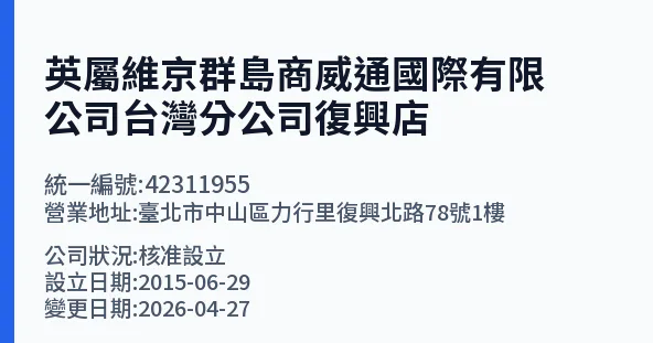英屬維京群島商威通國際有限公司台灣分公司復興店的照片-統編 42311955(臺北市) 公司登記資料與營業項目詳細圖表