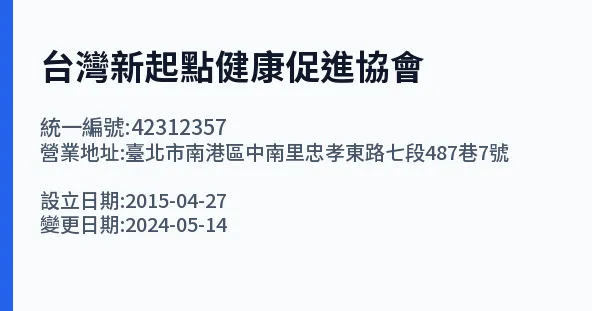 台灣新起點健康促進協會的照片-統編 42312357(臺北市) 公司登記資料與營業項目詳細圖表