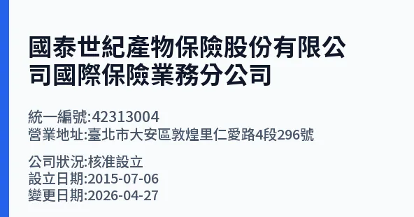 國泰世紀產物保險股份有限公司國際保險業務分公司的照片-統編 42313004(臺北市) 公司登記資料與營業項目詳細圖表