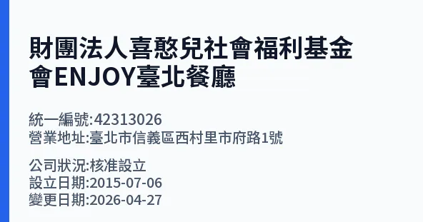 財團法人喜憨兒社會福利基金會ENJOY臺北餐廳的照片-統編 42313026(臺北市) 公司登記資料與營業項目詳細圖表
