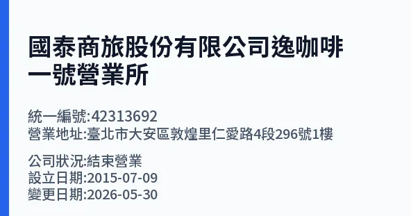 國泰商旅股份有限公司逸咖啡一號營業所的照片-統編 42313692(臺北市) 公司登記資料與營業項目詳細圖表