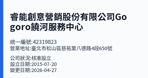 睿能創意營銷股份有限公司Gogoro饒河服務中心的照片-統編 42319823(臺北市) 公司登記資料與營業項目詳細圖表
