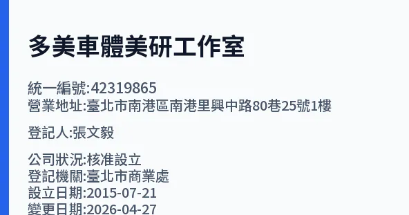 多美車體美研工作室的照片-統編 42319865(臺北市) 公司登記資料與營業項目詳細圖表