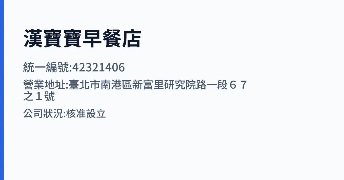 漢寶寶早餐店 - 統編 42321406(臺北市) 公司登記資料與營業項目詳細圖表