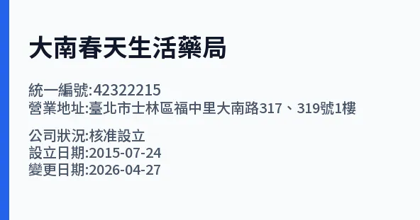 大南春天生活藥局的照片-統編 42322215(臺北市) 公司登記資料與營業項目詳細圖表