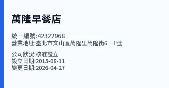 萬隆早餐店的照片-統編 42322968(臺北市) 公司登記資料與營業項目詳細圖表