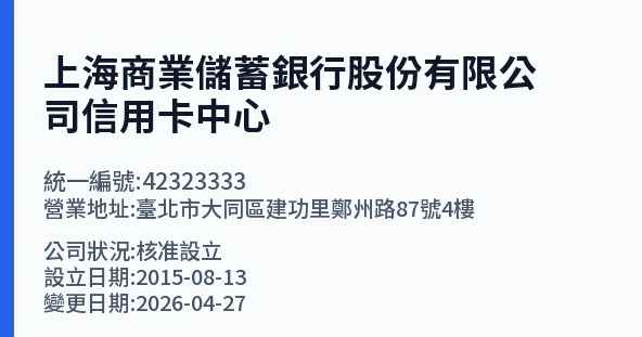 上海商業儲蓄銀行股份有限公司信用卡中心的照片-統編 42323333(臺北市) 公司登記資料與營業項目詳細圖表