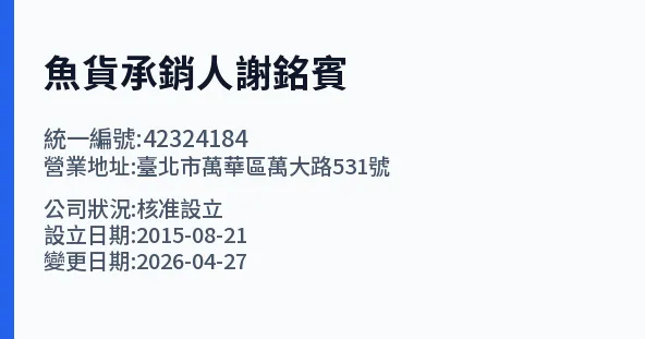 魚貨承銷人謝銘賓的照片-統編 42324184(臺北市) 公司登記資料與營業項目詳細圖表