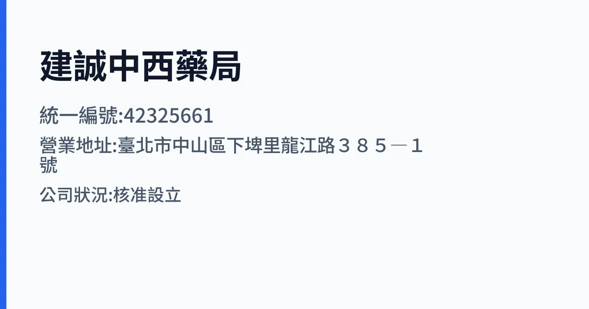 建誠中西藥局 - 統編 42325661(臺北市) 公司登記資料與營業項目詳細圖表