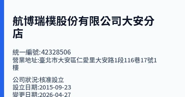 航博瑞樸股份有限公司大安分店的照片-統編 42328506(臺北市) 公司登記資料與營業項目詳細圖表