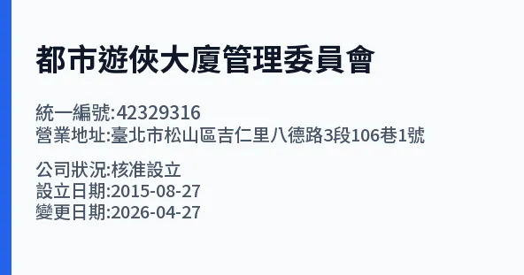都市遊俠大廈管理委員會的照片-統編 42329316(臺北市) 公司登記資料與營業項目詳細圖表