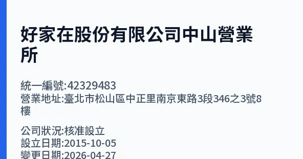 好家在股份有限公司中山營業所的照片-統編 42329483(臺北市) 公司登記資料與營業項目詳細圖表