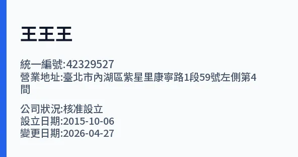 王王王的照片-統編 42329527(臺北市) 公司登記資料與營業項目詳細圖表