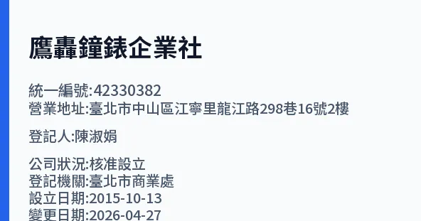 鷹轟鐘錶企業社的照片-統編 42330382(臺北市) 公司登記資料與營業項目詳細圖表