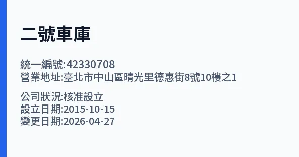 二號車庫的照片-統編 42330708(臺北市) 公司登記資料與營業項目詳細圖表