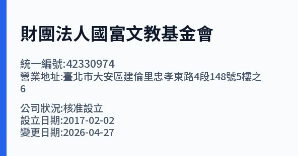 財團法人國富文教基金會的照片-統編 42330974(臺北市) 公司登記資料與營業項目詳細圖表
