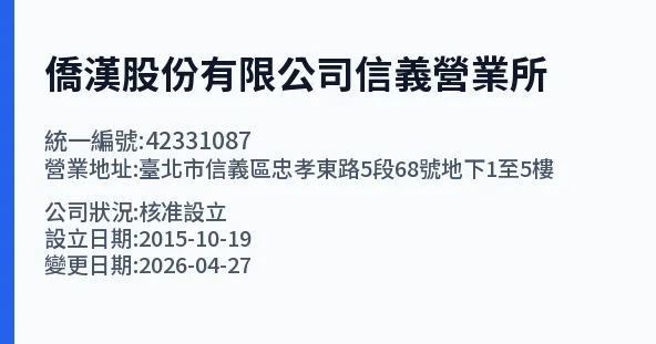 僑漢股份有限公司信義營業所的照片-統編 42331087(臺北市) 公司登記資料與營業項目詳細圖表