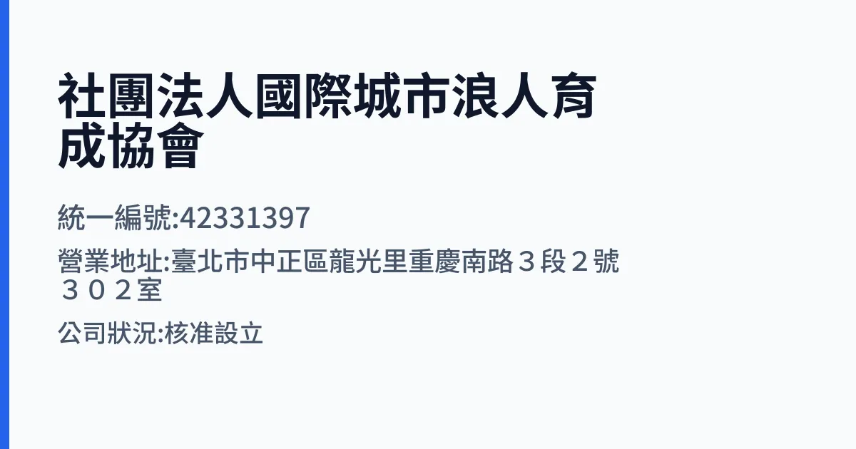 社團法人國際城市浪人育成協會 - 統編 42331397(臺北市) 公司登記資料與營業項目詳細圖表