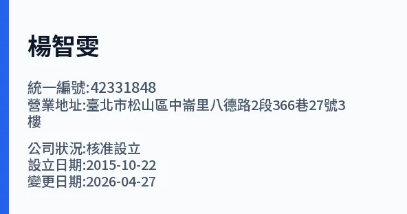 楊智雯的照片-統編 42331848(臺北市) 公司登記資料與營業項目詳細圖表