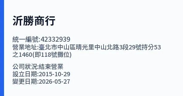 沂勝商行的照片-統編 42332939(臺北市) 公司登記資料與營業項目詳細圖表