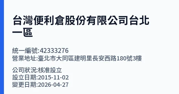 台灣便利倉股份有限公司台北一區的照片-統編 42333276(臺北市) 公司登記資料與營業項目詳細圖表