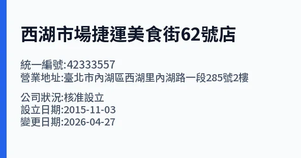 西湖市場捷運美食街62號店的照片-統編 42333557(臺北市) 公司登記資料與營業項目詳細圖表