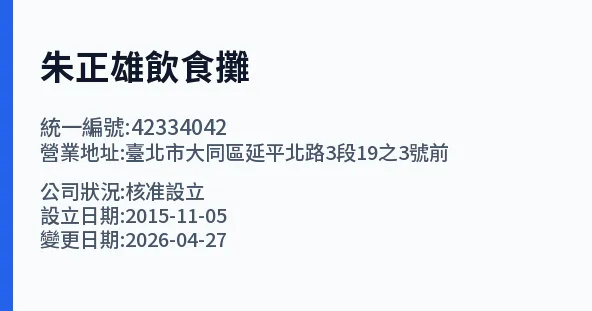 朱正雄飲食攤的照片-統編 42334042(臺北市) 公司登記資料與營業項目詳細圖表