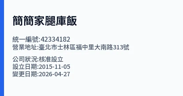 簡簡家腿庫飯的照片-統編 42334182(臺北市) 公司登記資料與營業項目詳細圖表