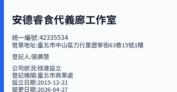 安德睿食代義廊工作室的照片-統編 42335534(臺北市) 公司登記資料與營業項目詳細圖表