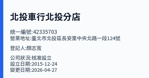 北投車行北投分店的照片-統編 42335703(臺北市) 公司登記資料與營業項目詳細圖表