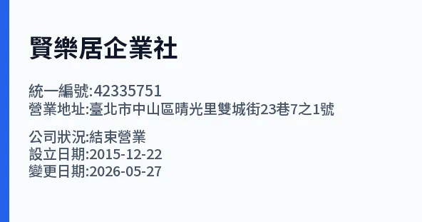 賢樂居企業社的照片-統編 42335751(臺北市) 公司登記資料與營業項目詳細圖表