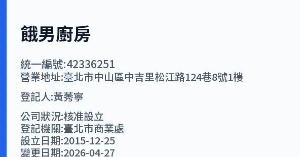 餓男廚房的照片-統編 42336251(臺北市) 公司登記資料與營業項目詳細圖表