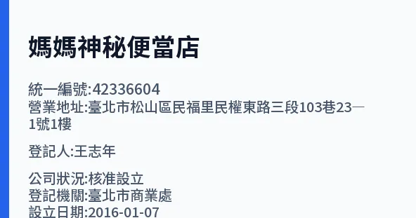 媽媽神秘便當店的照片-統編 42336604(臺北市) 公司登記資料與營業項目詳細圖表