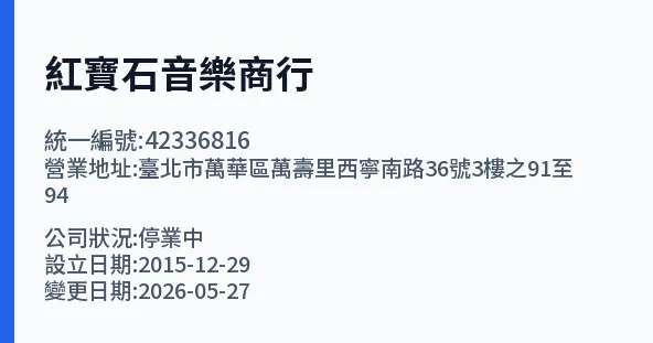 紅寶石音樂商行的照片-統編 42336816(臺北市) 公司登記資料與營業項目詳細圖表