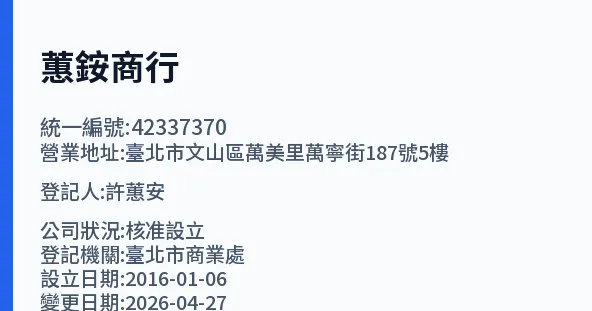 蕙銨商行的照片-統編 42337370(臺北市) 公司登記資料與營業項目詳細圖表