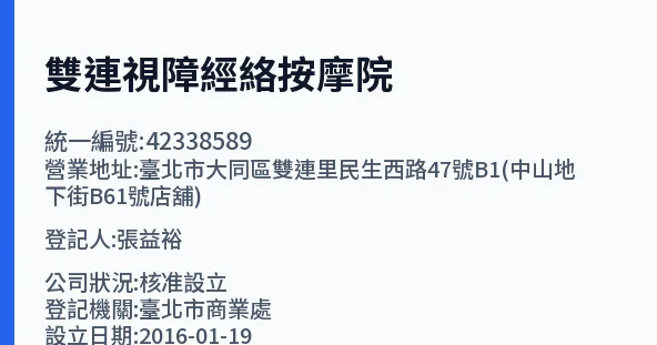 雙連視障經絡按摩院的照片-統編 42338589(臺北市) 公司登記資料與營業項目詳細圖表
