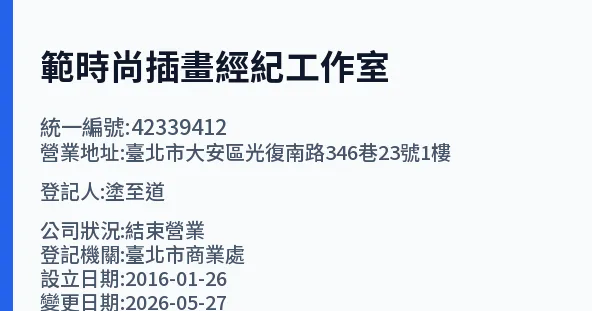 範時尚插畫經紀工作室的照片-統編 42339412(臺北市) 公司登記資料與營業項目詳細圖表
