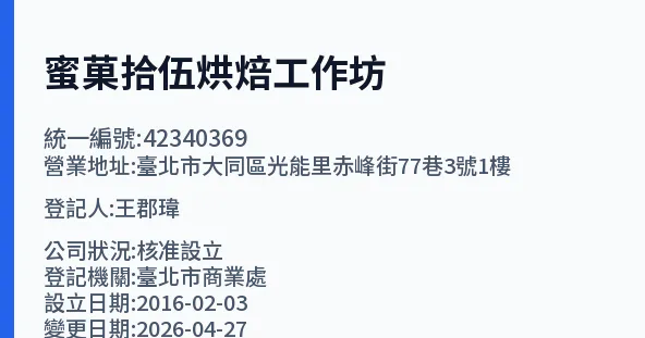 蜜菓拾伍烘焙工作坊的照片-統編 42340369(臺北市) 公司登記資料與營業項目詳細圖表
