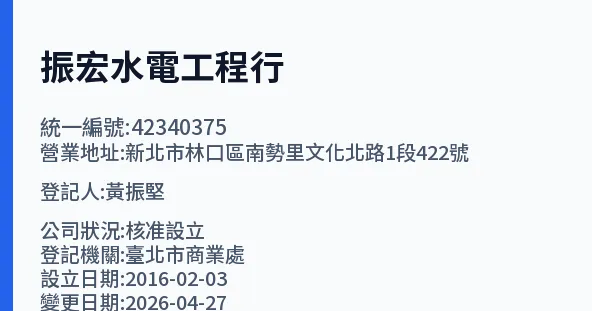 振宏水電工程行的照片-統編 42340375(新北市) 公司登記資料與營業項目詳細圖表