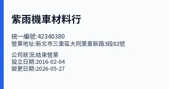 紫雨機車材料行的照片-統編 42340380(新北市) 公司登記資料與營業項目詳細圖表