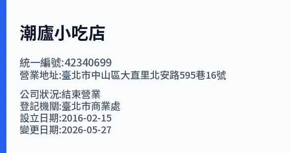 潮廬小吃店的照片-統編 42340699(臺北市) 公司登記資料與營業項目詳細圖表