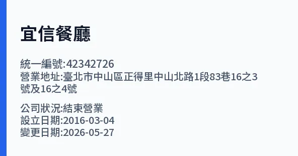 宜信餐廳的照片-統編 42342726(臺北市) 公司登記資料與營業項目詳細圖表