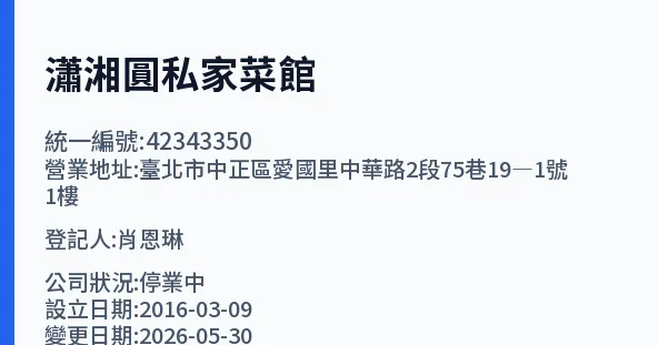 瀟湘圓私家菜館的照片-統編 42343350(臺北市) 公司登記資料與營業項目詳細圖表